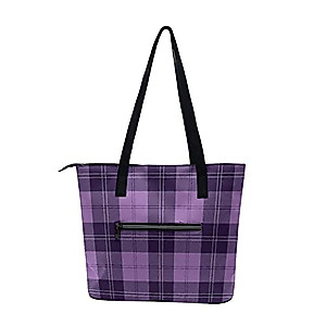 Women's Waterproof Big Shoulder Commuter Bag Large Capacity Work Tote Bags Leather Big Purses And Handbags Ladies Compatible with Purple Tartan Plaid Scottish Pattern