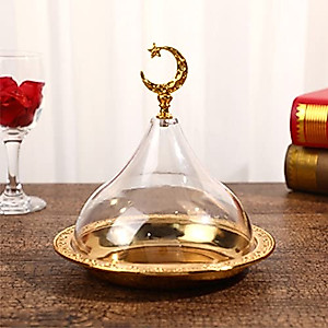 ULTECHNOVO Eid Mubarak Cake Stand with Dome Lid Cloche Golden Vintage Ramadan Kareem Serving Tray Cupcake Server Dessert Plate Eid Plates Islam Platter Ramadan Mubarak Eid Party Supplies