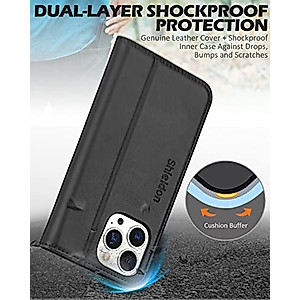 SHIELDON Case for iPhone 14 Pro Max 5G 6.7", Genuine Leather iPhone 14 Pro Max Wallet Case Flip Cover RFID Blocking Card Slots Magnetic Closure Case Compatible with iPhone 14 Pro Max 2022 - Black