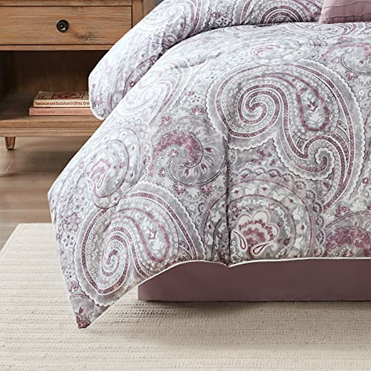 Comfort Spaces Cozy Comforter Set-Modern Classic Design All Season Down Alternative Bedding, Matching Shams, Bedskirt, Decorative Pillows, Queen, Kashmir Paisley Purple 8 Piece