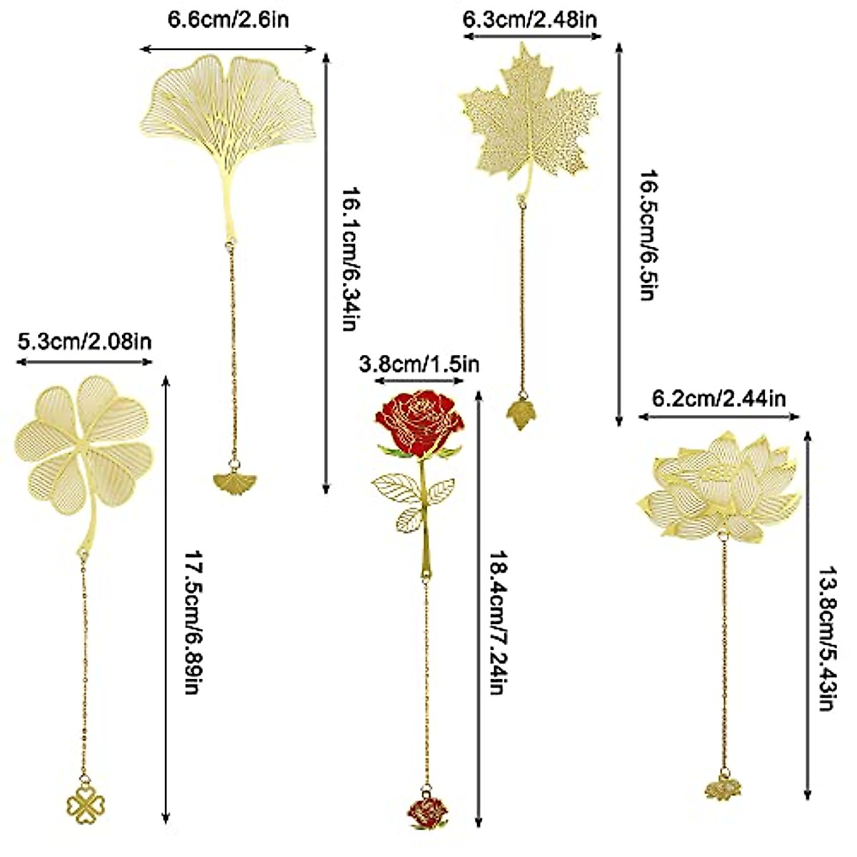 DLAND 5 Pack Metal Chain Bookmarks, Gold and Color Cutout Botanical Bookmarks for Book Lovers, Writers, Readers, Kids, Teens, Adults, Women Men