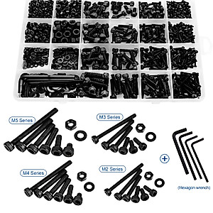 NINDEJIN M2 M3 M4 M5 Hex Socket Head Cap Screw Bolts Nuts and Washer Assortment Kit, 1060 PCS Black Machine Screws Set, 12.9 Carbon Steel Metric Small Parts with 4 Pieces Allen Wrenches