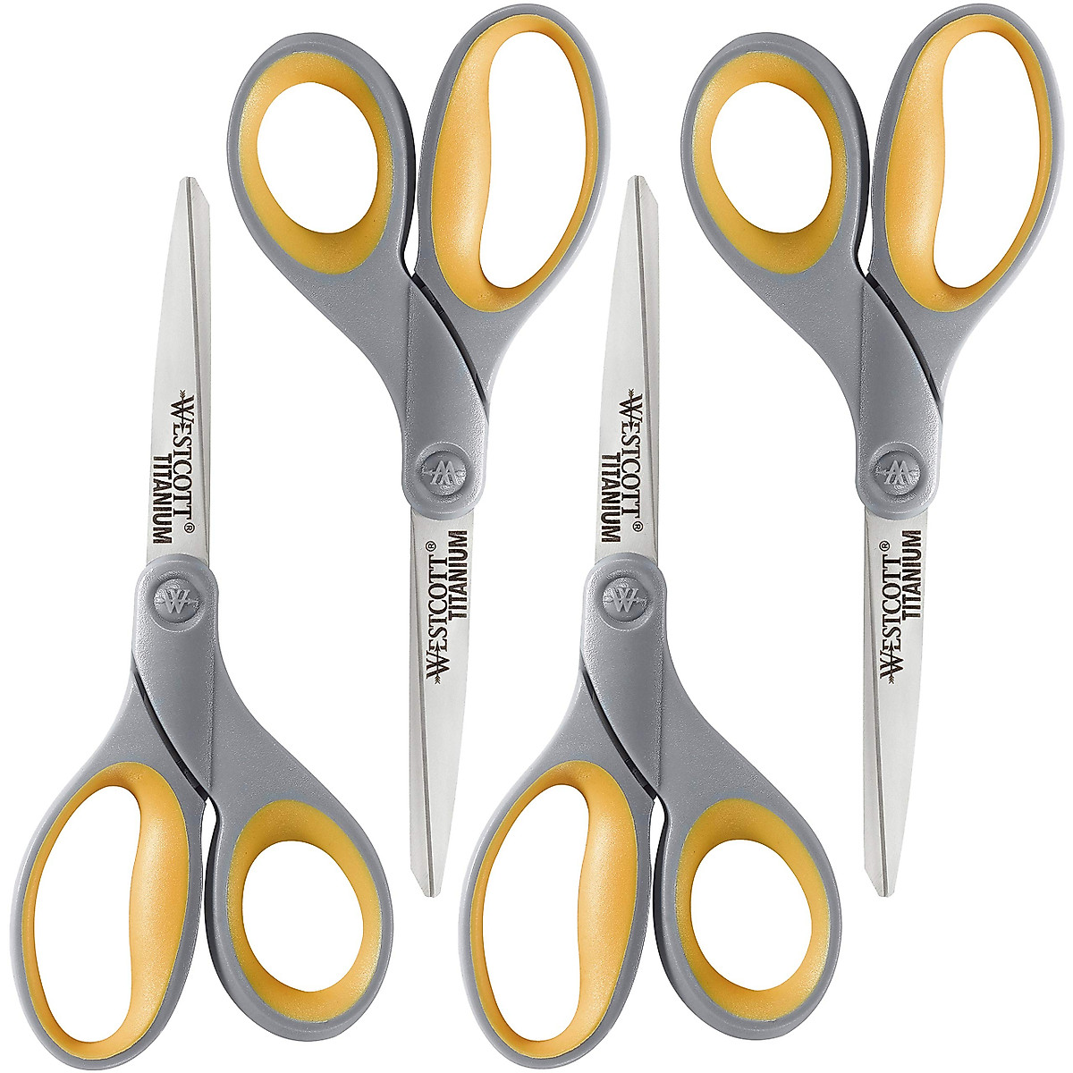 Westcott ‎17598 8-Inch Titanium Scissors For Office and Home, Yellow/Gray, 4 Pack