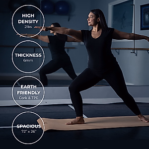 Mount Adams Cork Yoga Mat, 72" Long by 26" Wide, 6mm Thick Yoga Mat, Natural Hot Yoga Mat for Fitness or Pilates, Non Slip Exercise Mat for Workout or Stretching