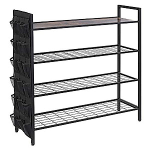 VECELO Shoe Rack Entryway Storage Stand with Removable Side Pockets, 4-Tier Organizer, Brown