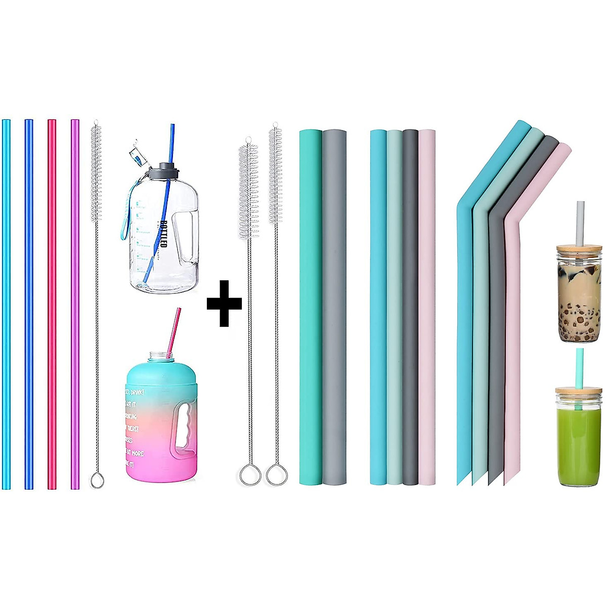 ALINK 15 inch Extra Long Silicone Straws + 2 Silicone Boba Straws 8 Smoothie Straws