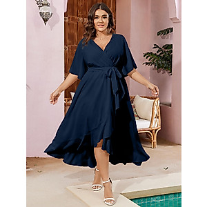 SCOMCHIC Women Plus Size Maxi Dress Short Sleeve Wrap V Neck High Low Split Ruffle Long Dress Navy Blue
