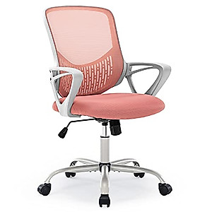 Ergonomic Home Office Chair - Mesh Mid Back Computer Desk Swivel Rolling Task Chair with Lumbar Support, Armrest, Wheels, Sponge Seat Cushions, Pink