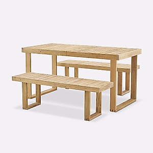 mopio Bruno Outdoor Dining Set, Solid Acacia Wood Patio Table & Chairs Set for Indoor Outdoor Dining, Mid Century Modern Farmhouse Conversation Sets (4 Seater: Table, 2 Benches | 3 Piece)