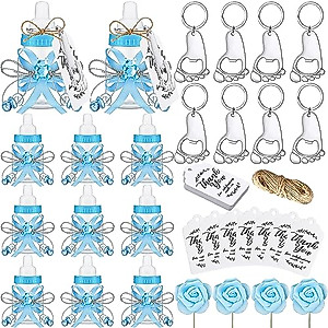 Sunnyray 40 Pcs Baby Shower Bottle Favor 12 Pcs Mini Milk Bottles 12 Pcs Baby Footprint Keychain Bottle Opener 12 Pcs Thanks Tags 4 Pcs Artificial Flower for Boy Girl Newborn Baptism (Blue, Silver)