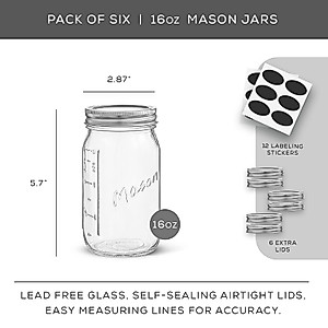 16 Oz Mason Jars With Lids, Labels and Measures! 6-Pack Regular Mouth Mason Jars, Glass Jar with Lid and Band. Airtight Canning Jars, Overnight Oats Jars, Salad Jars, Sourdough Starter Jar