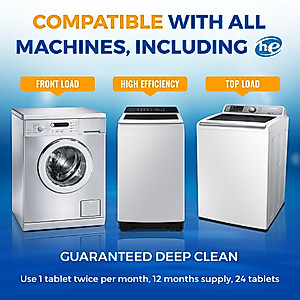 Washing Machine Cleaner Tablets 24 pack Powerful Descaler -Deep Cleaning for HE Front Loader & Top Load Washer Septic Safe Eco-Friendly Deodorizer Clean Drum & Laundry Tub Seal- Year's Supply