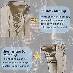 AIFARLD Men's Long Sleeve Shirts Retro Style Lace up for Medieval Viking Hippie Halloween Cosplay Pirate Renaissance Costume Khaki