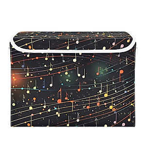TecEr Musical-notes-black Large Fabric Foldable Storage Bins with Lids and Handle, Decorative Storage Box Cube for Shelves Closet Home Bedroom Office