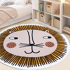 USTIDE Lion Rug Round Area Rug for Living Room 5.2 Ft Washable Nursery Rug for Playroom Yellow Circle Rug for Kids Room Non Slip Animal Carpet Soft Large Kids Rug for Classroom Dorm Kids Bedroom