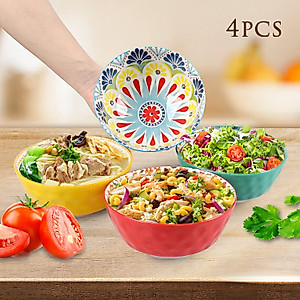 HSOFBLUES Soup Bowls 24 oz Ceramic Floral Bowl Set of 4 for Soup Salad Ramen Rice, Assorted Vibrant Colors Microwave Dishwasher Safe