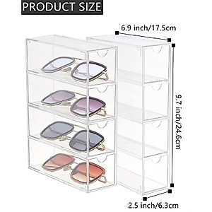 4 Drawers Acrylic Stackable Sunglasses Organizer, Clear Glasses Case Storage Organizer, Dust Proof & Waterproof Acrylic Drawers Sunglasses Storage Organizer for Dresser, Bedroom, Desk