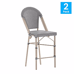 Flash Furniture Marseille Indoor/Outdoor Commercial Bistro Stacking Counter Stool - Black/White Textilene Back and Seat - Lt Natural Bamboo Metal Frame, 2 Pack