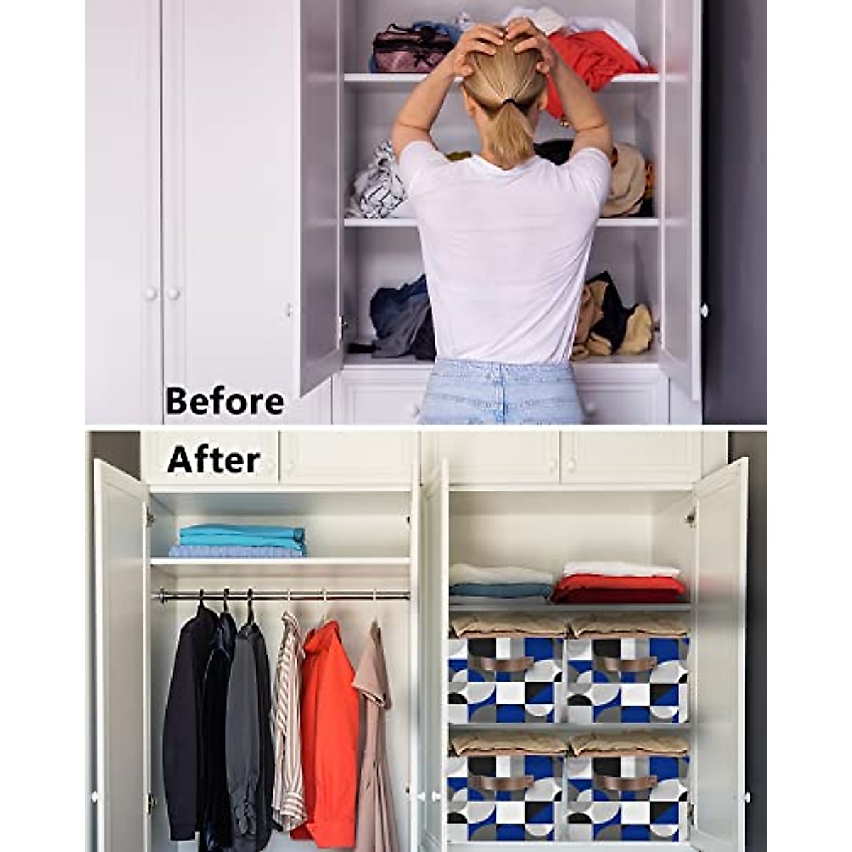 Storage Cubes Organizer with Handles, Rustic Ombre Nordic Geometry Storage Bins Fabric Collapsible Storage Baskets for Shelf Cloth Organizers Box 2pcs Blue and Gray Abstract Middle Age