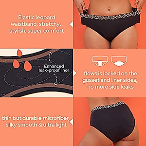 YooTime Period Underwear for Women, Leopard Hipster Stretchy Microfiber Period Panties Heavy Flow with Storage Bag Black 3Pack/M