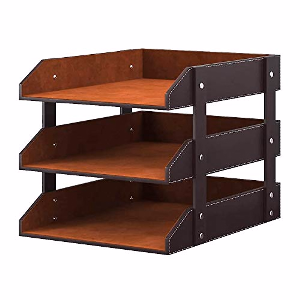 Leather Desk Organizer, 95store 3-Tier Stackable Document Tray, Perfect Desktop Organization Holder for Files, Folder, Stationery, Magazine, Newspaper, Mail, Office Supplies (Brown)