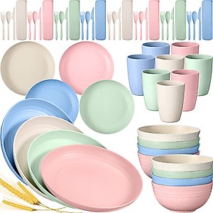 64 Pcs Wheat Straw Dinnerware Sets Unbreakable Dinnerware Set Plastic Dishes Set Reusable Lightweight RV Camping Bowls Dishes Plates Cups Set Microwave Safe Dinnerware for Kitchen Indoor