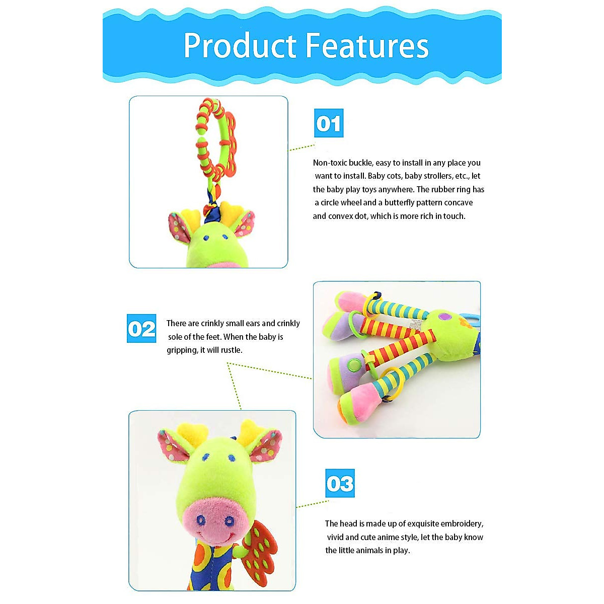 RichChoice Giraffe Baby Educational Toys (one Box:50 pcs):1-3-6-8 Month,1-2-3 Year Old Crib Bed,Car Seat, Stroller, Activity,Travel Hanging Toys;Kids Plush Portable Toys with Crinkle, Ring,Teether…
