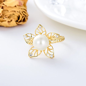 14K Solid Gold Flower Ring for Women,Yellow Gold 9MM Freshwater Pearl Engagement Ring/Wedding Band/Wedding Anniversary Birthday Gifts for Her Size 5-11