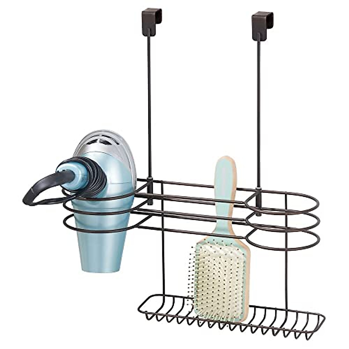 mDesign Metal Over Door Bathroom Hair Care & Styling Tool Organizer Storage Basket for Hair Dryer, Flat Irons, Curling Wands, Hair Straighteners - Hang Inside or Outside Cabinet Doors - Bronze