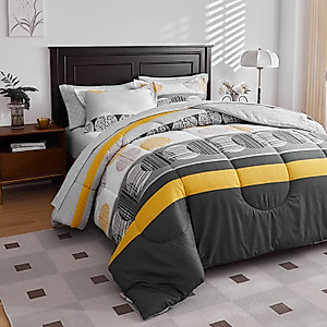 Stripes Bed in a Bag Queen Size 7 Pieces Black Gray Yellow Comforter Sheet Set with Circles All Season Bed Comforter Set (1 Comforter 2 Pillow Shams 1 Flat Sheet 1 Fitted Sheet 2 Pillowcases)