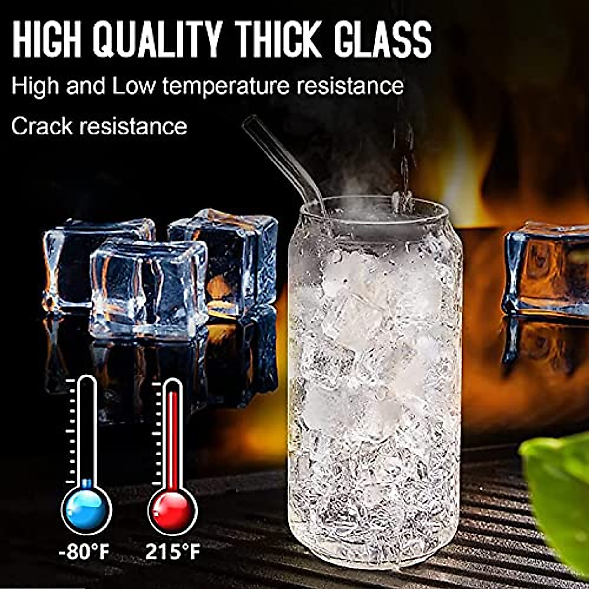 Infankey Glass Cups with Glass Straw 6pcs Set - Beer Can Shaped Drinking Glasses, 16 oz Iced Coffee Glasses, Cute Tumbler Cup for Smoothie, Boba Tea, Whiskey, Juice, Water - 1 Cleaning Brushes