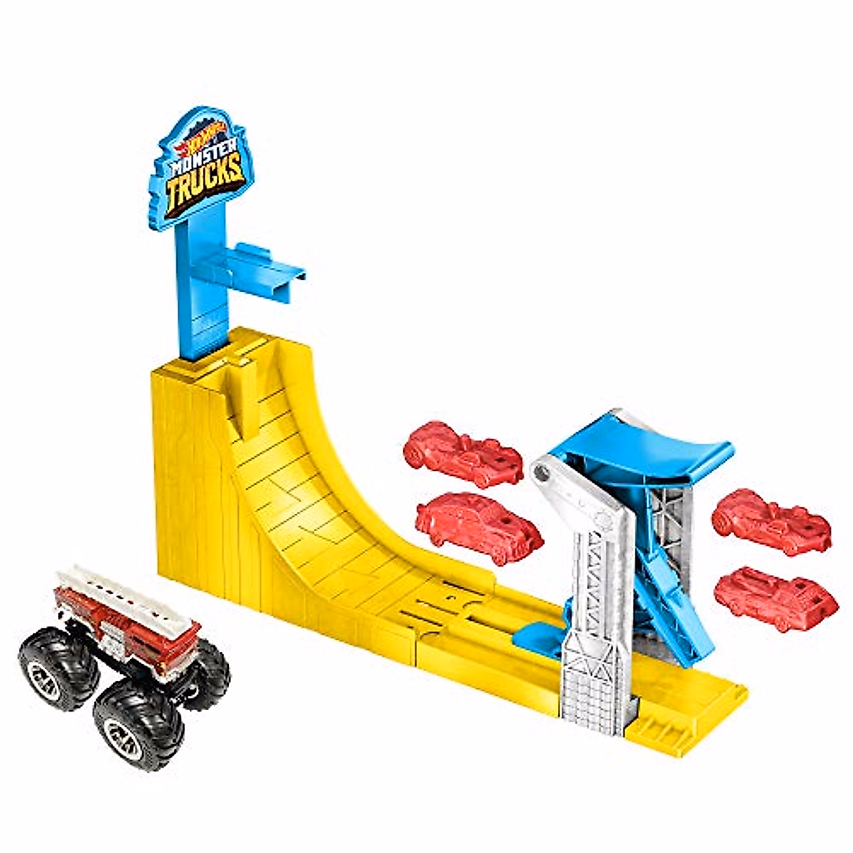 Hot Wheels Monster Trucks Big Air Breakout Play Set with 5 Alarm 1:64 Scale Die-Cast Metal Body Monster Truck 4 Plastic Crushed Cars 1 Slam Launcher and Ramp for Vertical Crashing Complete Gift