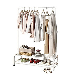 Clothing Garment Rack with Shelves, Metal Cloth Hanger Rack Stand Clothes Drying Rack for Hanging Clothes,with Top Rod Organizer Shirt Towel Rack and Lower Storage Shelf for Boxes Shoes Boots, White