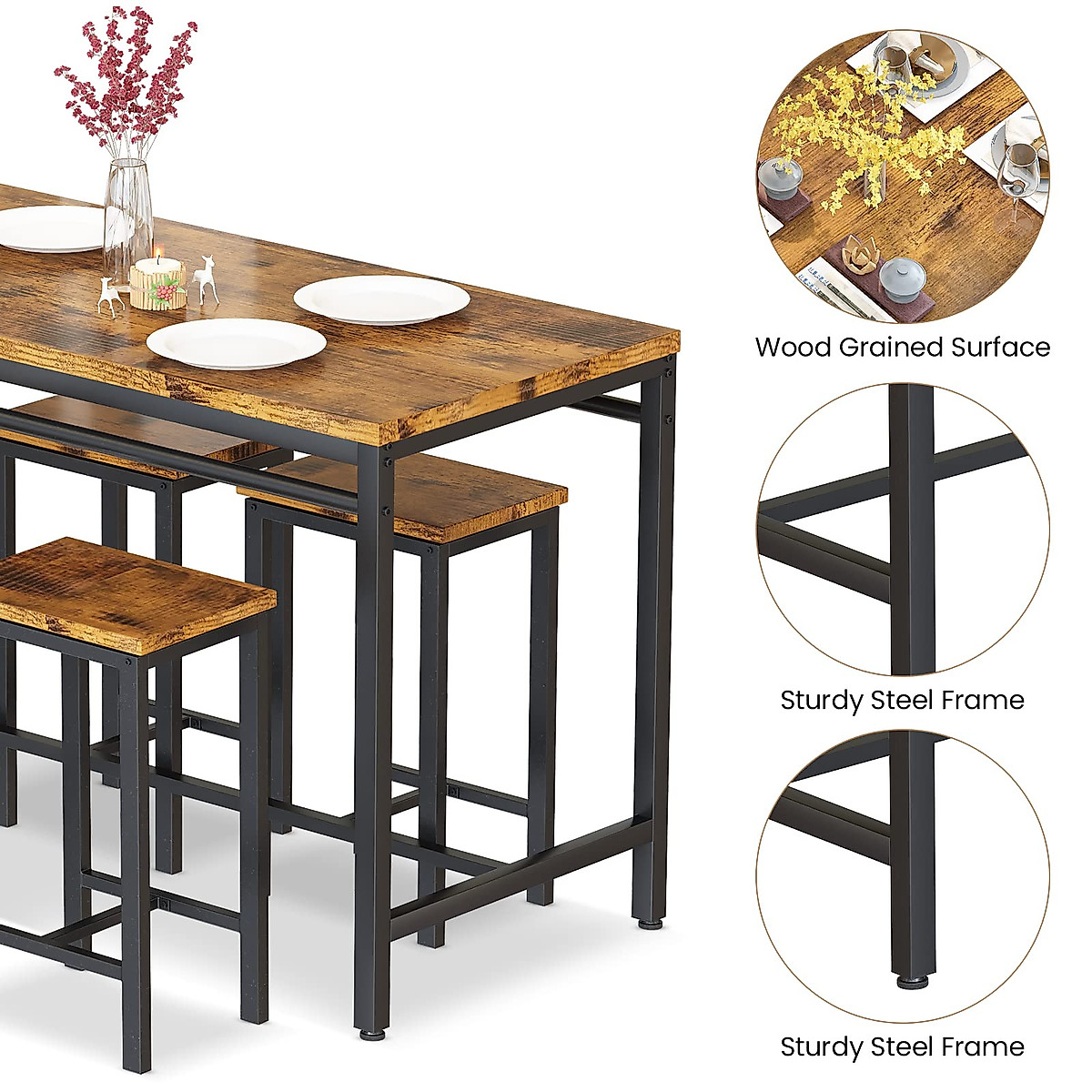 AWQM 5 Piece Bar Table Set, Modern Counter Height Dining Table and Chairs Set for 4, Wood Kitchen Table and 4 Bar Stools for Small Spaces, Apartment, Pub, Dining Room (Rustic Brown)