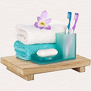 Wood Pedestal Stand Riser Rectangle Wooden Tray Sink Soap Holder Wood Bead Garland Rustic Farmhouse Tassels Beads for Home Bathroom Kitchen Table Decor Bottles Plant Jewelry Display (Light Brown)