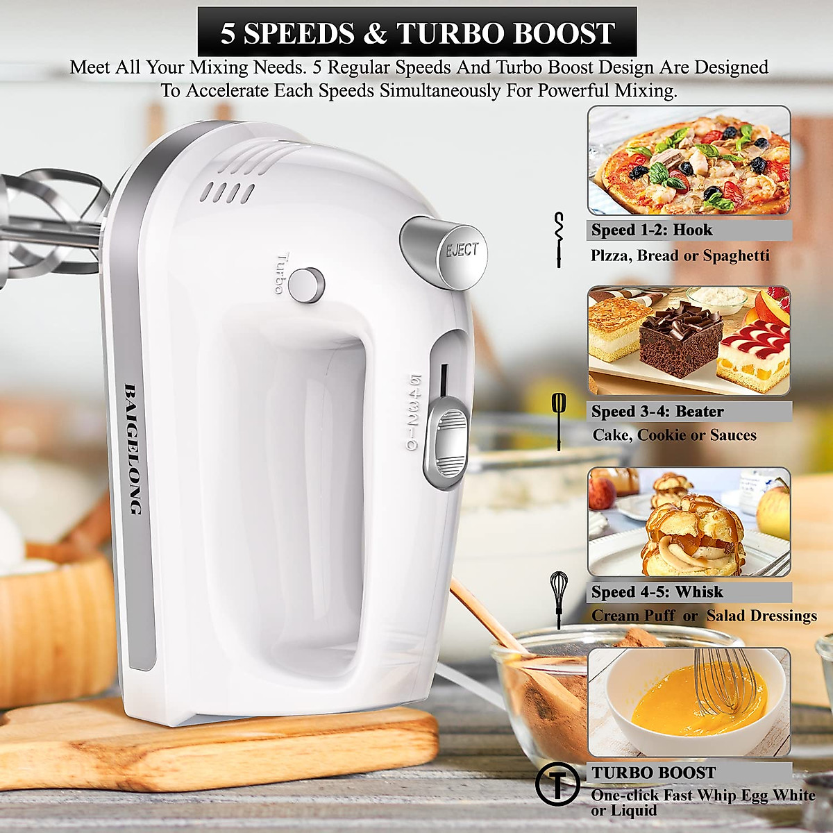 BAIGELONG Hand Electric Mixer, 300W Ultra Power Food Kitchen Mixer with 5 Self-Control Speeds + Turbo Boost, 5 Stainless Steel Attachments Handheld Mixer for Baking, Black