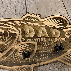 Felicy Fathers Day Wood Large Mouth Bass Fishing Rod Holder, Daddy favorite Wooden Fishing Rod Rack with Salmon Redfish Large Mouth Bass Shape Designs, Best Gift for Father (A - Large mouth bass)