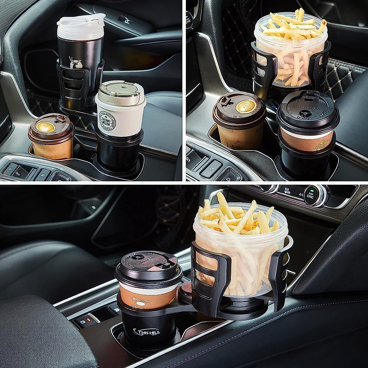 Cup Holder Expander for Car with Car Coasters 4 pcs,THIS HILL 2 in 1 Multifunctional Car Cup Holder Extender Adapter with Adjustable Base for Snack Bottles Cups Drinks,Non-Slip