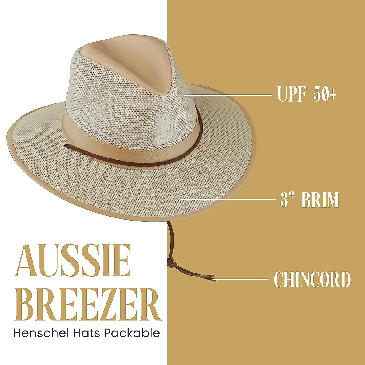Henschel Aussie Mesh Breezer Hat - Packable Sun Protection for Outdoor Activities. Ideal for Hiking, Fishing & Camping. (US, Alpha, Medium, Khaki)