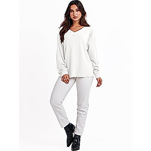 ANRABESS Women’s Casual Long Sleeve Sweatshirt V Neck Off Shoulder Shirt Loose Baggy Comfy Knit Pullover Sweaters Tunic Top 2023 Fall Clothes A1069baise-XL White