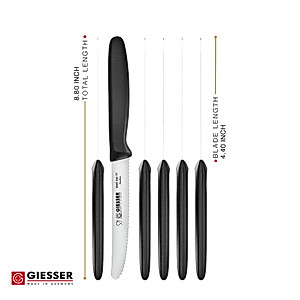 Giesser since 1776, Made in Germany, Black serrated Utility kitchen knives round tip dishwasher safe 4.5 inch - paring knife, Tomato knife, Steak knives set of 6, restaurant knife
