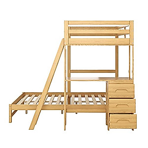 POCIYIHOME Twin Over Full Bunk Bed with Built-in Desk and Three Drawers, Wood Bunk Bed with Full-Length Guardrail & Solid Slat Support for Kids,Teens Bedroom, No Box Spring Needed, Natural