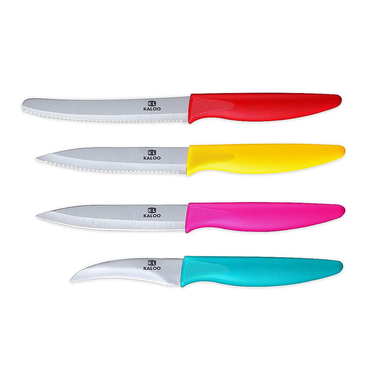 KL KALOO Paring Knife, Set of 4 Paring Knives Set With 2-Piece 4-inch Straight & Serrated Paring Knives, 3.5-inch Peeling Knife & 4.5-inch Utility Paring Knife (Green, Red, Pink and Yellow)