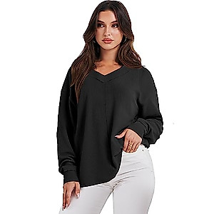 ANRABESS Women’s Casual Long Sleeve Sweatshirt V Neck Off Shoulder Shirt Loose Baggy Comfy Knit Pullover Sweaters Tunic Top 2023 Fall Clothes A1069heise-XL Black