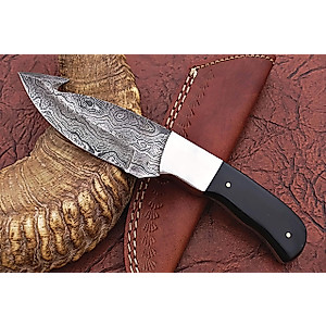 HUNTEX Handmade Hand-Forged Ladder Pattern Damascus Steel 8 Inch Long Full Tang Natural Buffalo Horn Handle Razor Sharp Hunting Camping Gut Hook Knife w/Genuine Leather Pouch