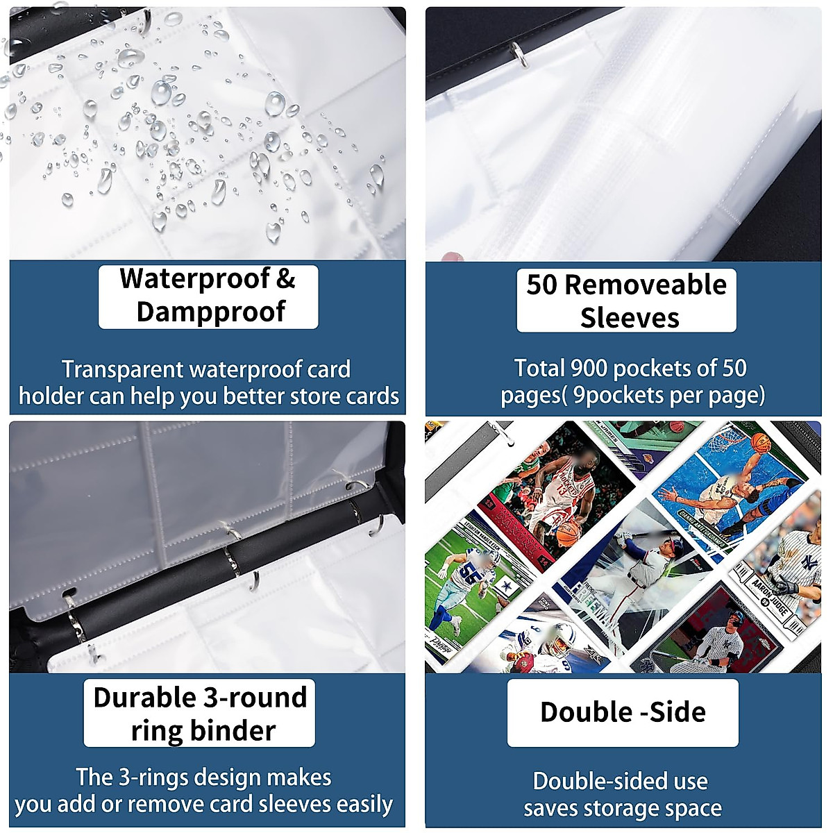 HESTECH Football Card Binder with Sleeves 3 Ring Binder, Fits 900 Pockets Sports Card Holder Protectors Albums Card Storage Box Organizer Case for Baseball Basketball Gaming Trading Cards MTG