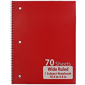 Emraw Single Subject Notebook Spiral with 70 Sheets of Wide Ruled White Paper - Set Includes: Red, Black, Purple, & Blue Covers (4 Pack)