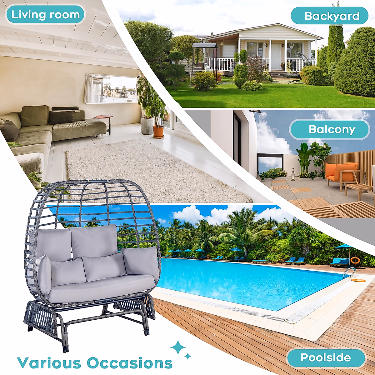 Outdoor Double Egg Chair Patio Chairs - 500lbs Capacity for 2 Person, Oversized Wicker Rocking Glider Chair with Steel Stand, Hand-Woven Lounge Chair Nest Loveseat for Indoor, Porch, Backyard, Balcony