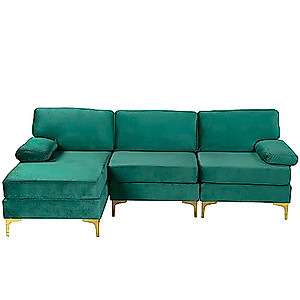 Casa Andrea Milano Modern Sectional Sofa L Shaped Velvet Couch, with Extra Wide Chaise Lounge and Gold Legs, Green