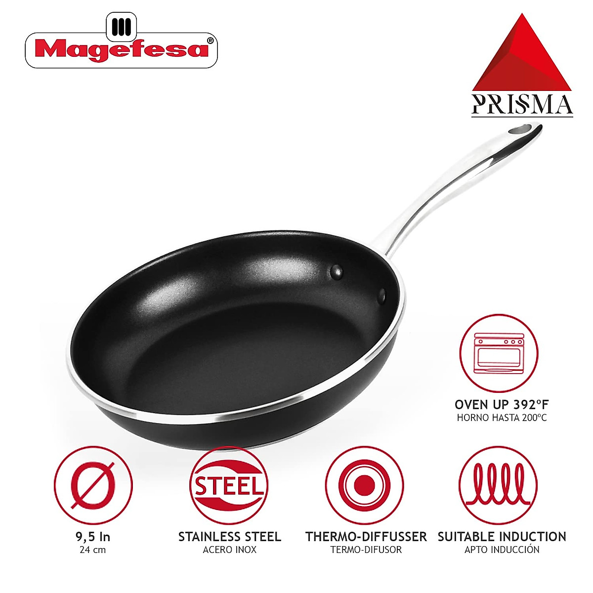 MAGEFESA Prisma – 9.4 inches Skillet, frying pan, made in 18/10 stainless steel, triple layer non-stick, for all types of kitchens, INDUCTION, dishwasher and oven safe up to 392ºF